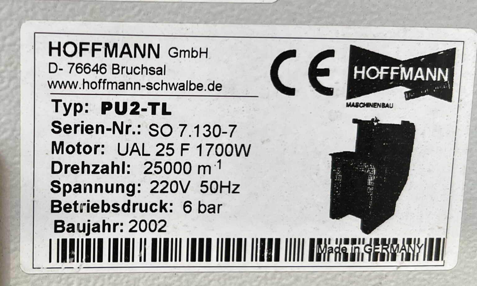 Hoffmann PU2-TL Dovetail Machine with Tilting Motor